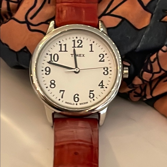 Timex | Accessories | Timex Silver Tone Watch With Red Leather Strap ...